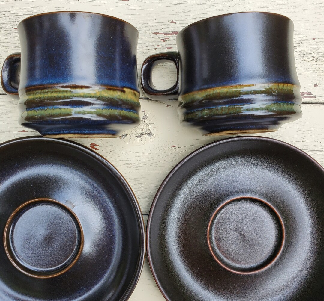 Denby Mugs and Saucers, Set of 2 Flat Cups, Coffee Mugs, Pottery ...