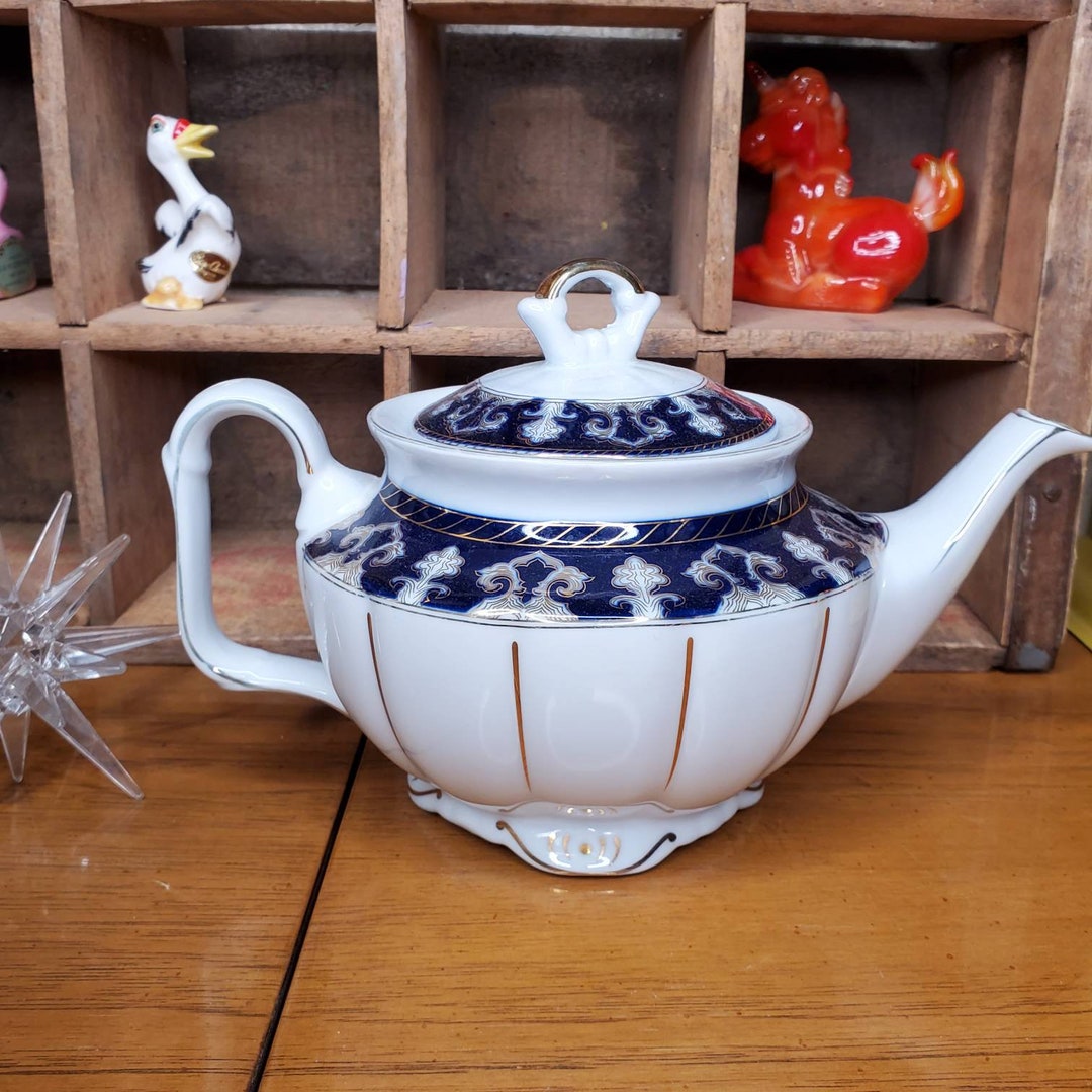 Vintage Teapot White With Navy Blue and Gold Accents, Tea Lover Gift ...