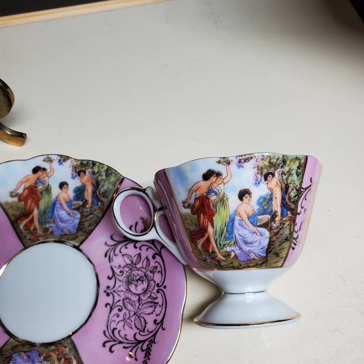 Footed Teacup and Saucer Garden Scene Tea Cup Pink China - Etsy