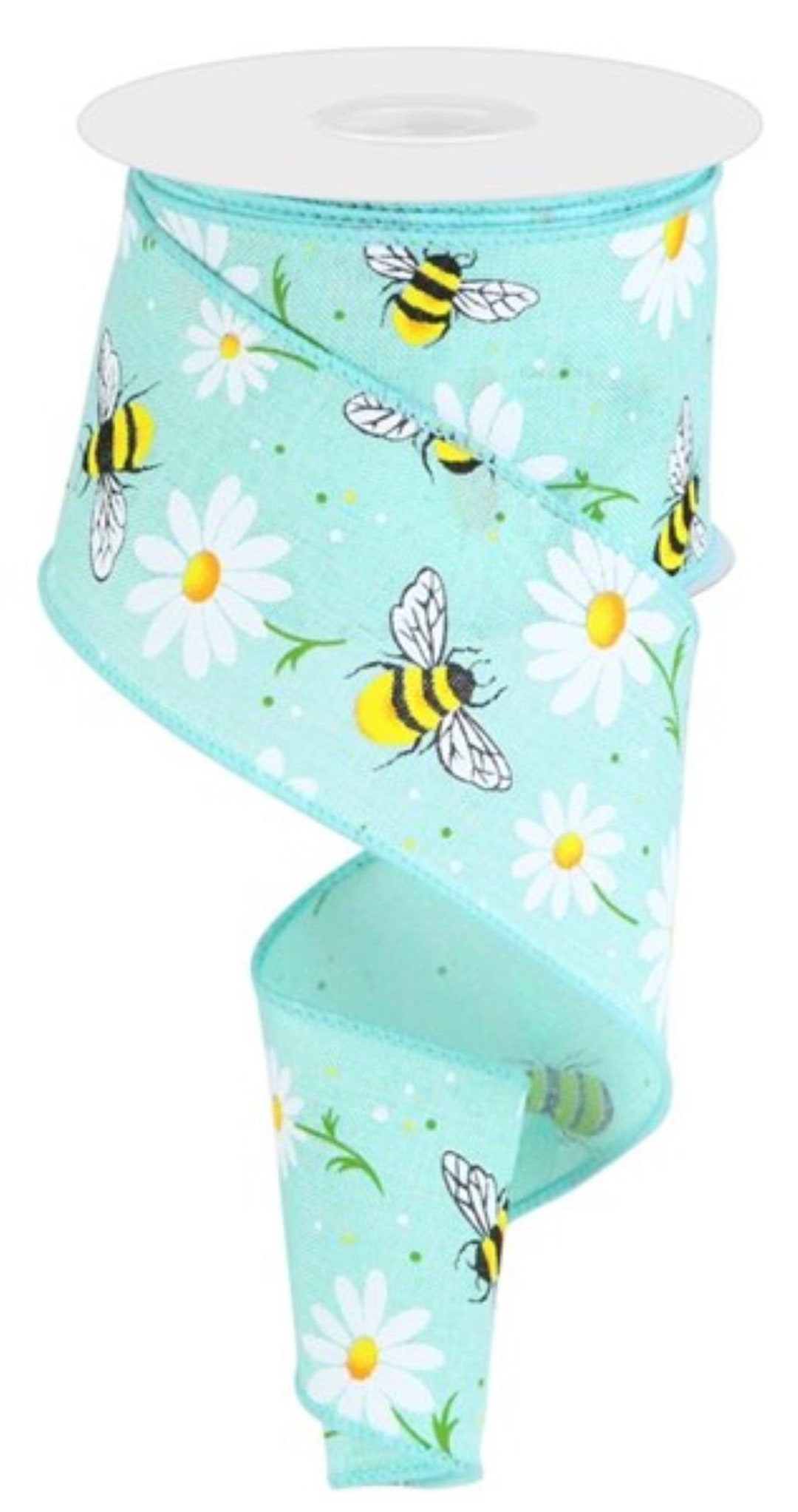 Mint Bumble Bee and Daisy Ribbon, Mint Bee Wired Ribbon, Wreath Supply ...