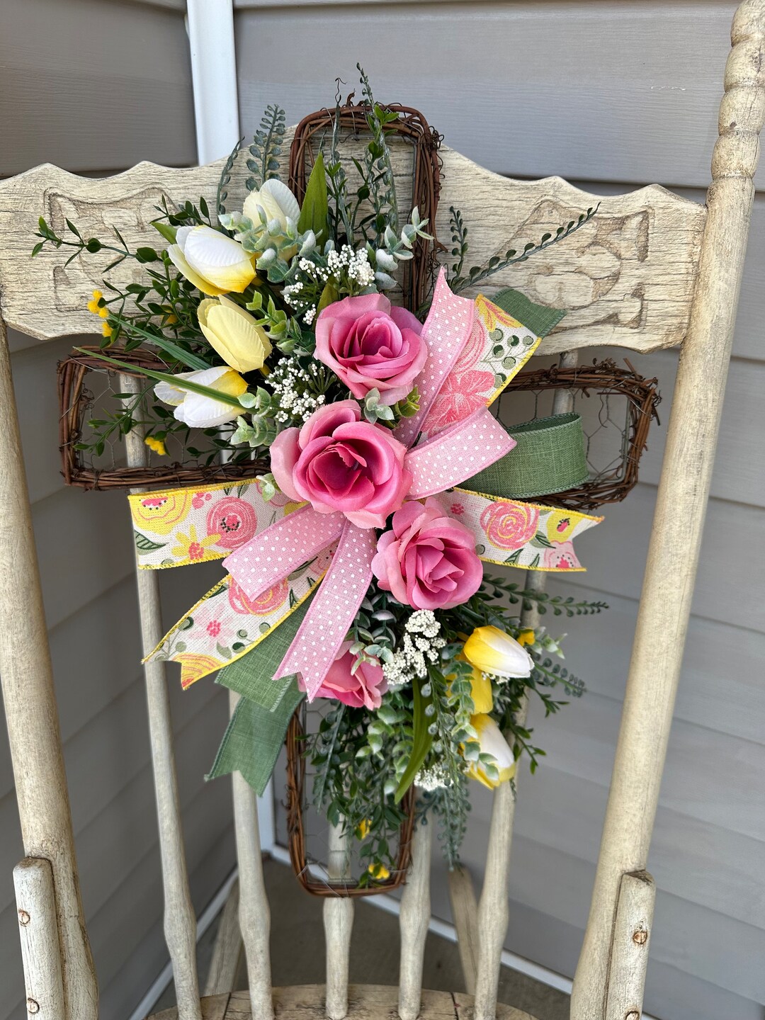 Spring Cross Door Hanger, Easter Cross With Flowers, Spring Memorial ...