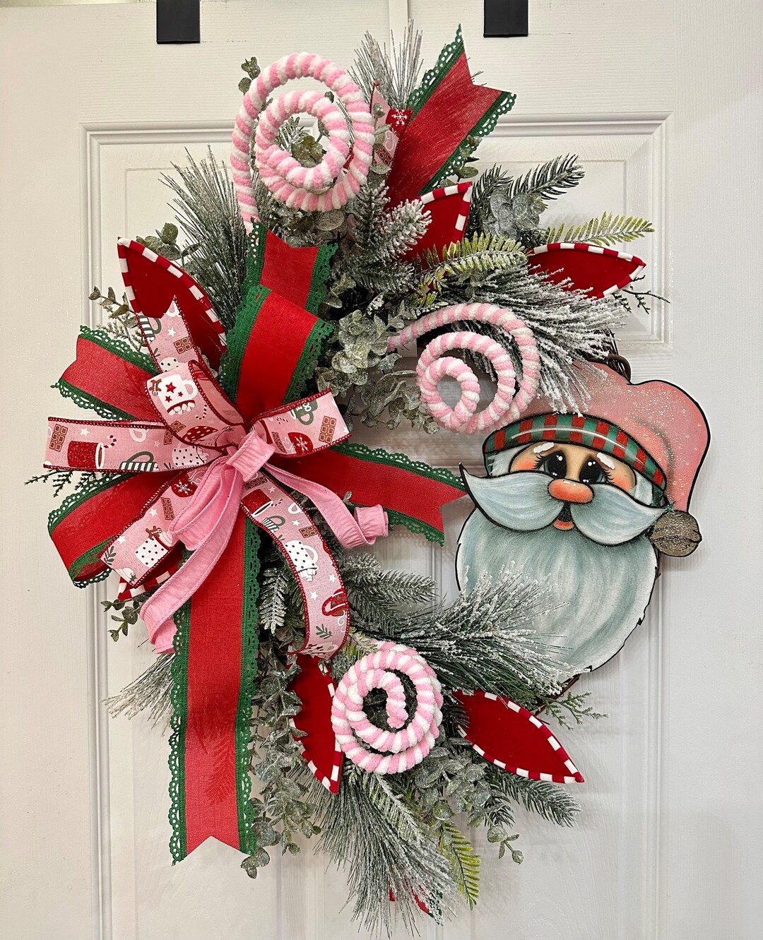 Pink Santa Christmas Wreath, Pink Santa Grapevine Wreath, Santa Floral ...