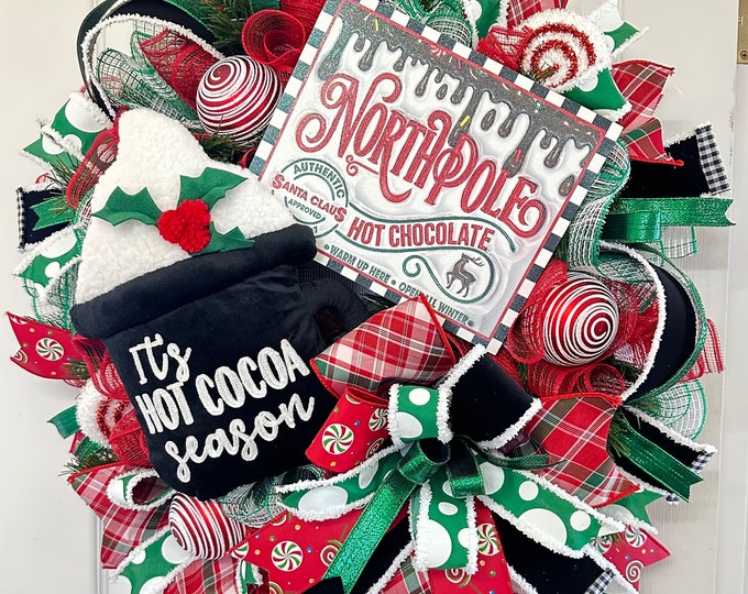Hot Cocoa Christmas Wreath, Red and Green North Pole Wreath, Winter Hot ...