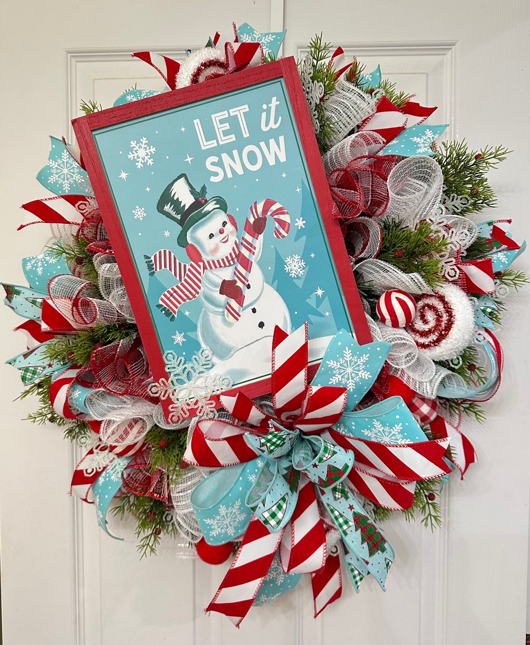 Retro Snowman Christmas Wreath, Red and Blue Snowman Wreath, Vintage ...