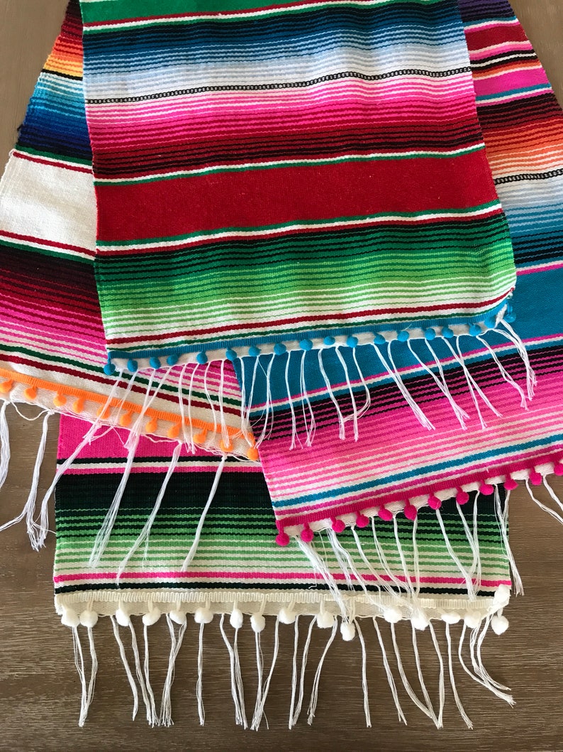 Mexican Sarape Table Runner: Southwestern Fiesta Decor (pompoms ...