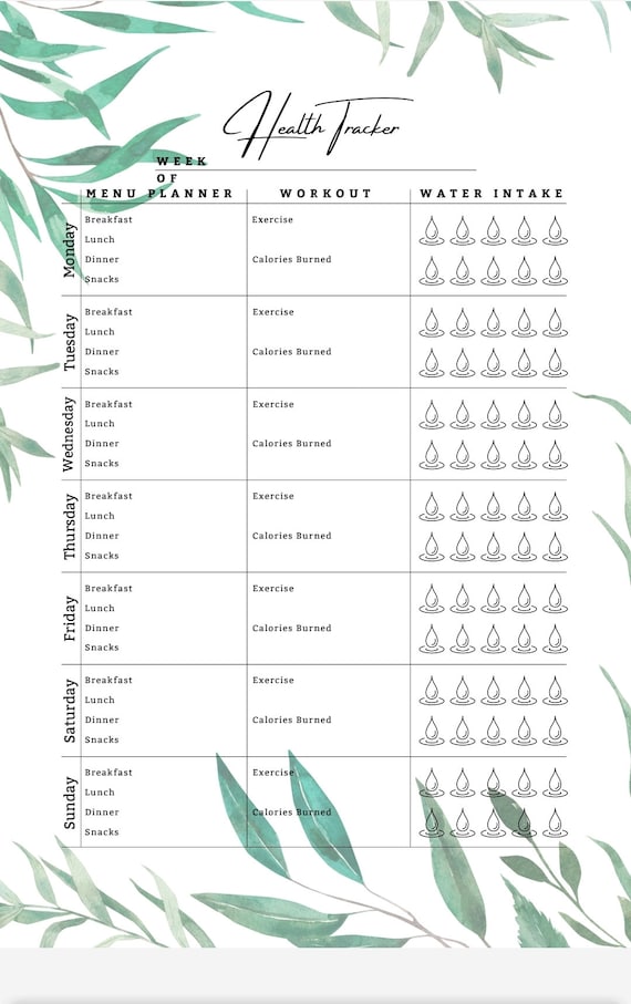 Health Habit Tracker Water Tracker Exercise Menu Planning - Etsy