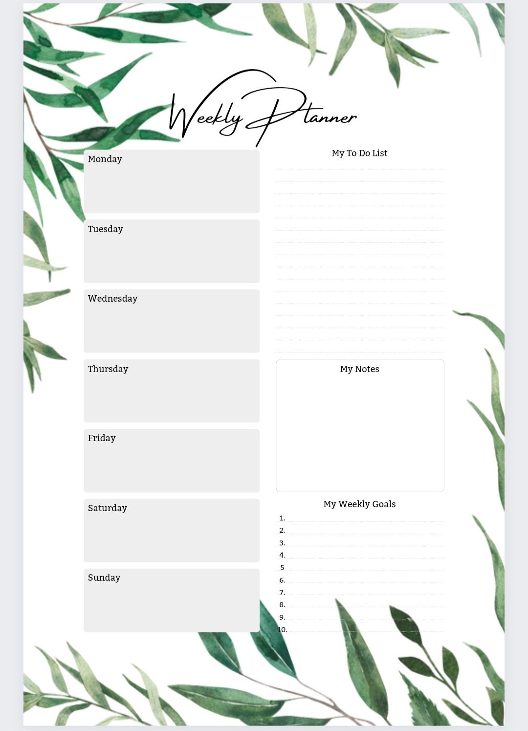 Weekly Planner Page, Digital Download, Monday Start, Minimalist ...