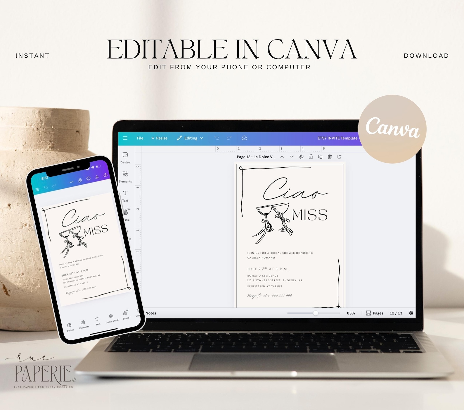 Ciao Miss Invitation, 5x7 Bridal Shower Invitation, La Dolce Vita ...