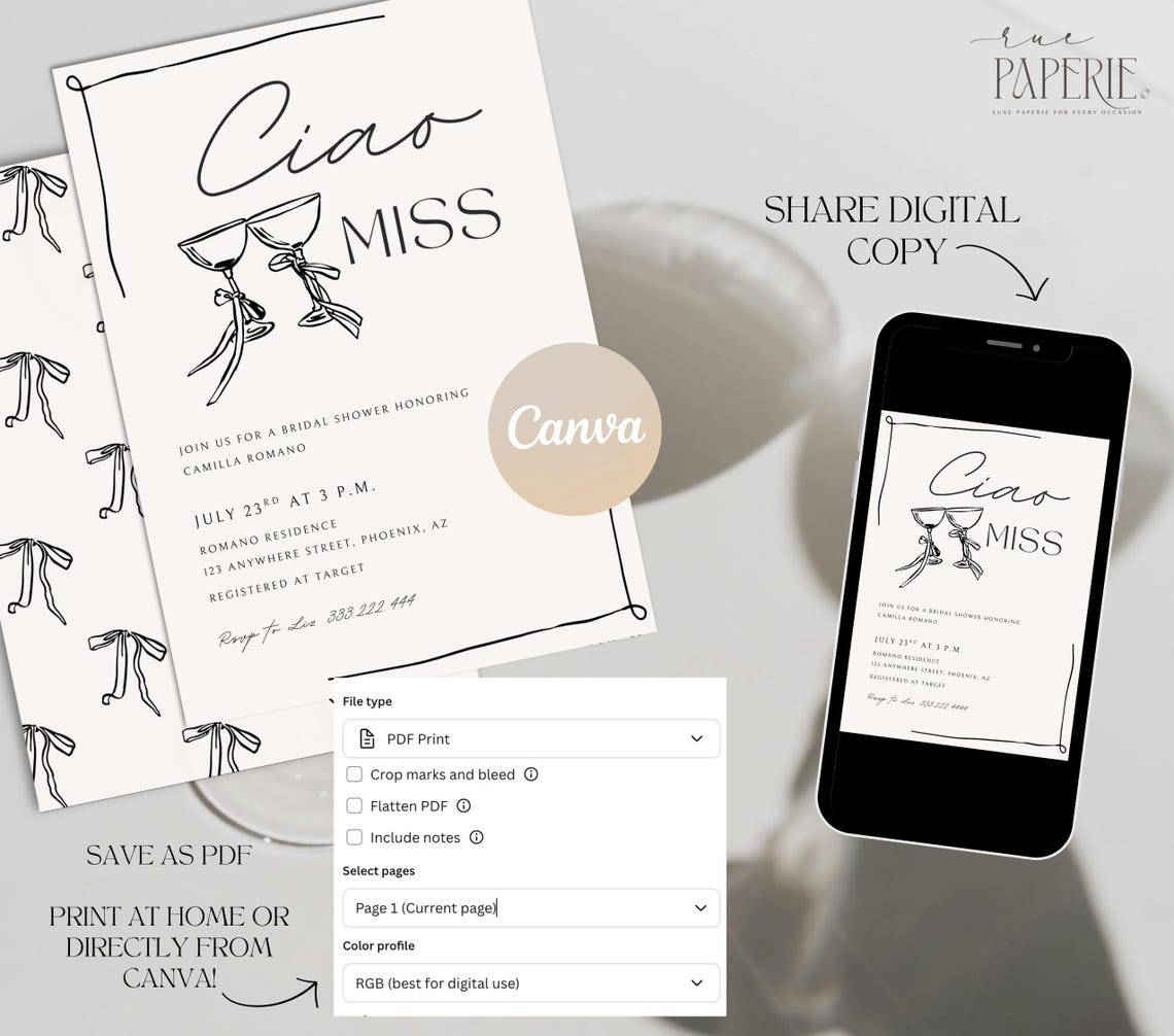 Ciao Miss Invitation, 5x7 Bridal Shower Invitation, La Dolce Vita ...