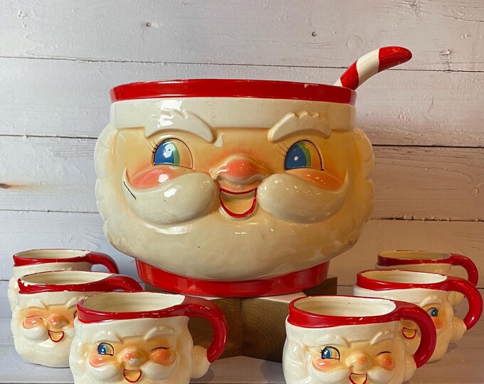 Vintage Holt Howard Winking Santa Head Punch Bowl Set With 6 Mugs | MCM ...