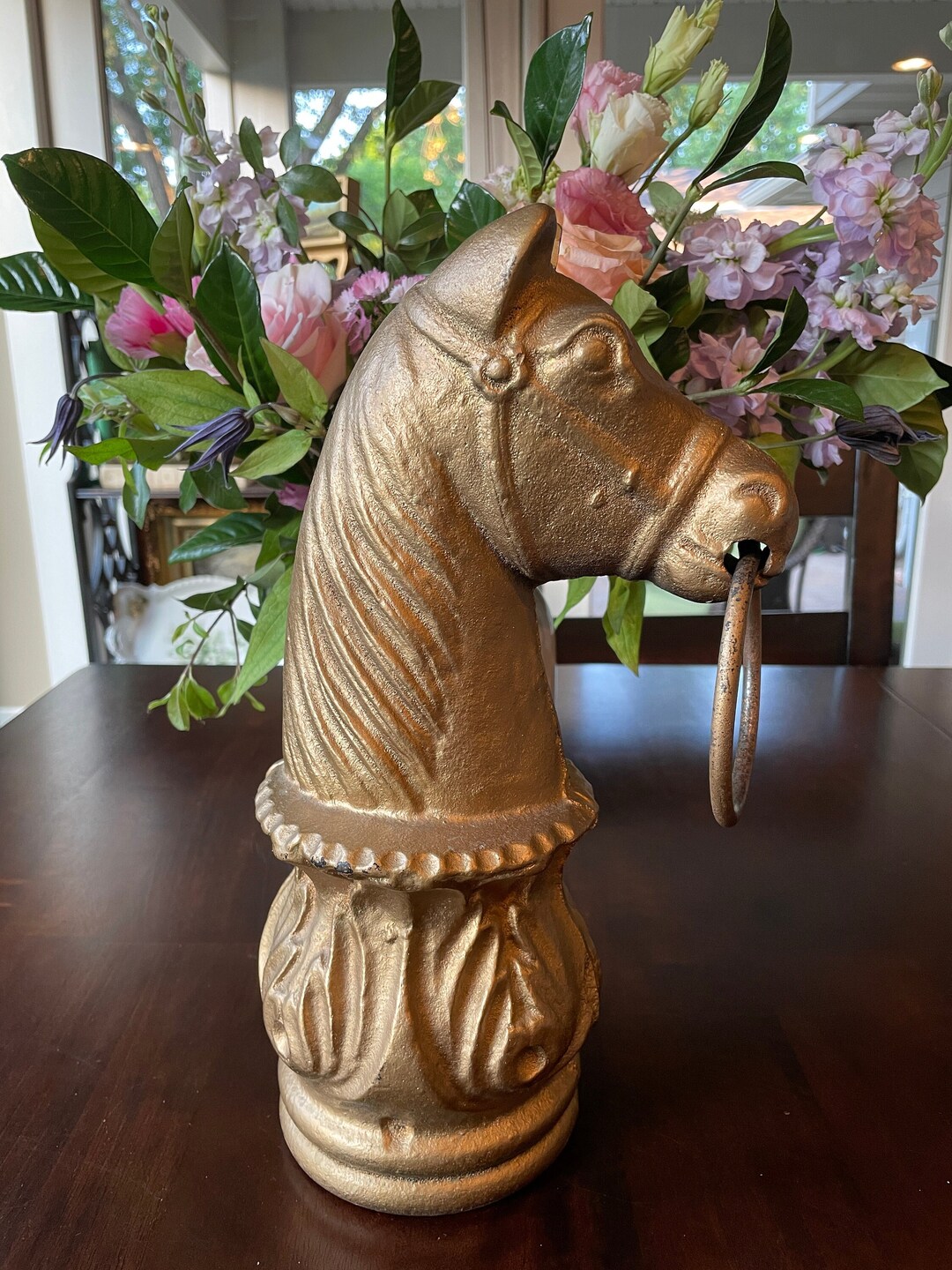 Gilded Cast Iron Horse Head Hitching Post Topper With Brass Ring Bit ...