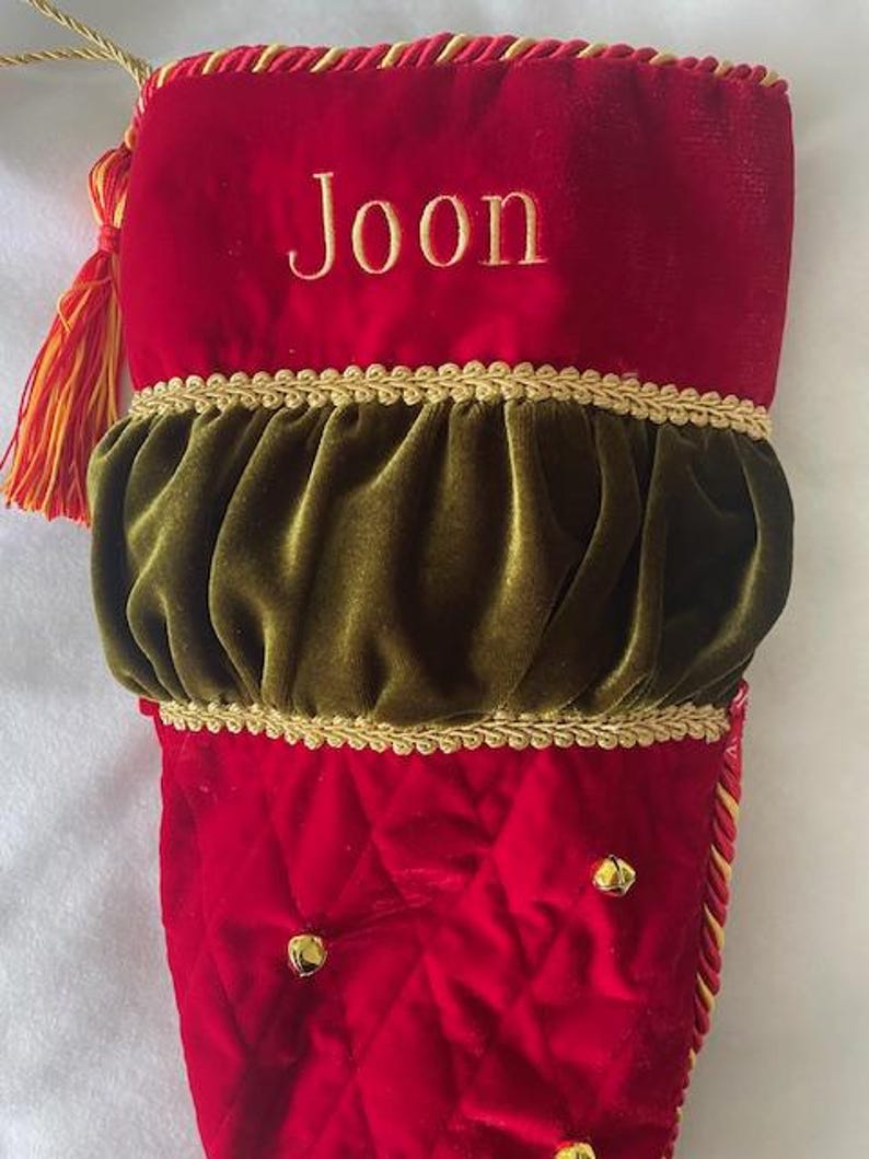 Red and Green Velvet Elf Toe Stocking With Burgundy/gold Trim - Etsy