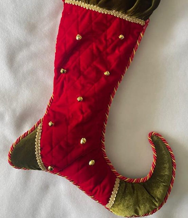 Red and Green Velvet Elf Toe Stocking With Burgundy/gold Trim - Etsy