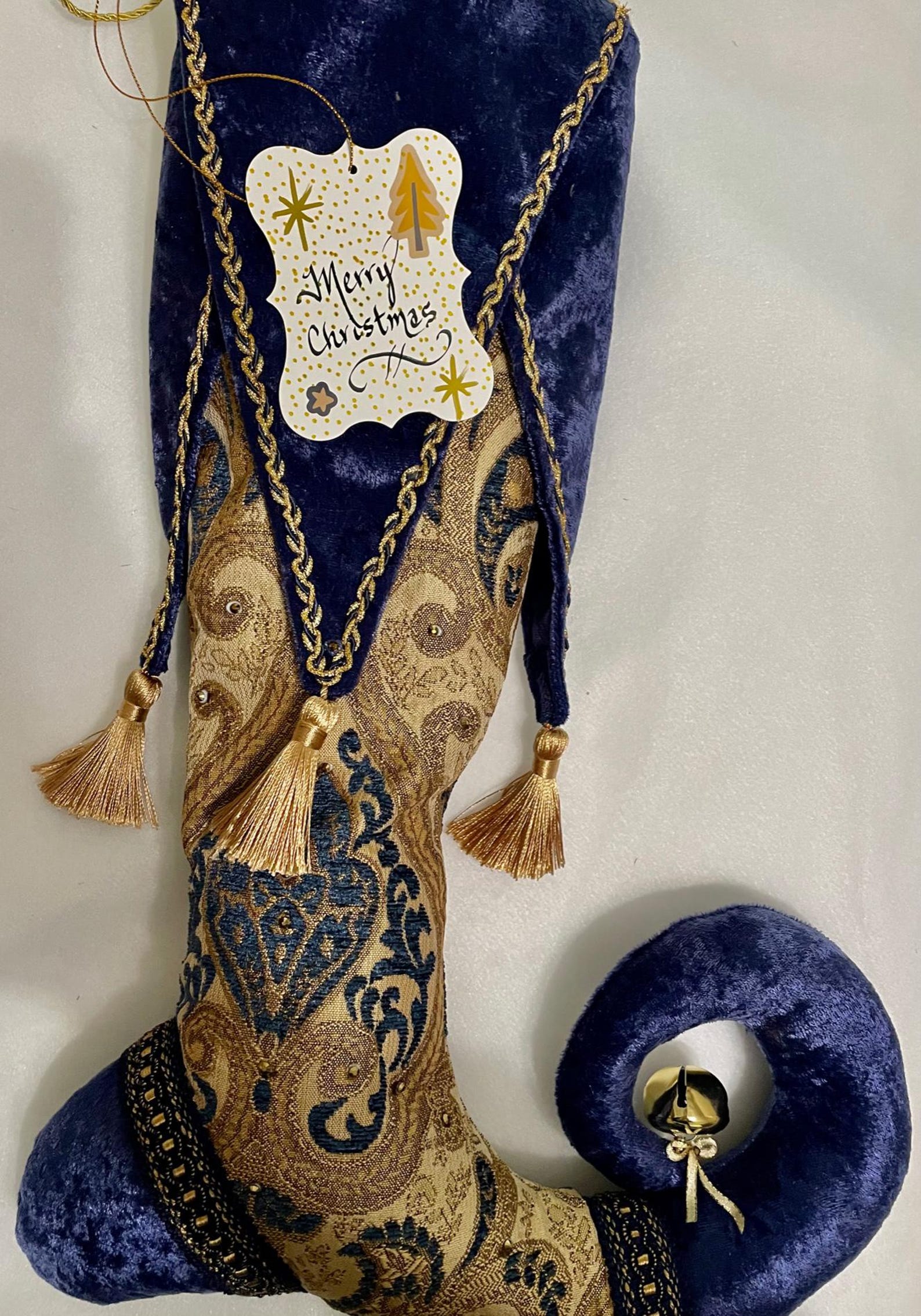 Navy Blue & Gold Brocade Elf Toe Stocking With Gold Trim - Etsy