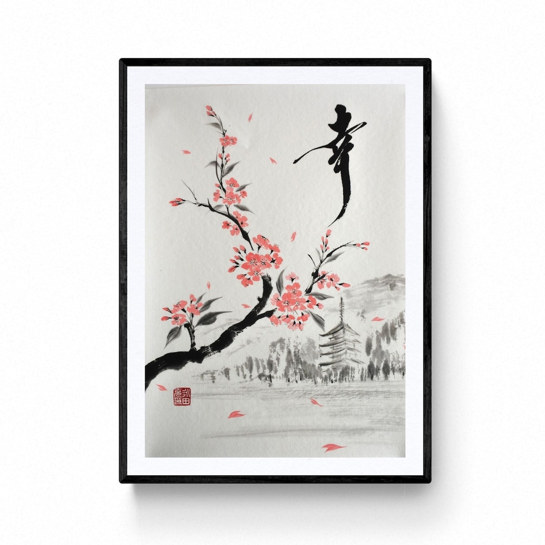 Original Sumi-e Painting –cherry Blossom Petals Falling – Handmade by ...