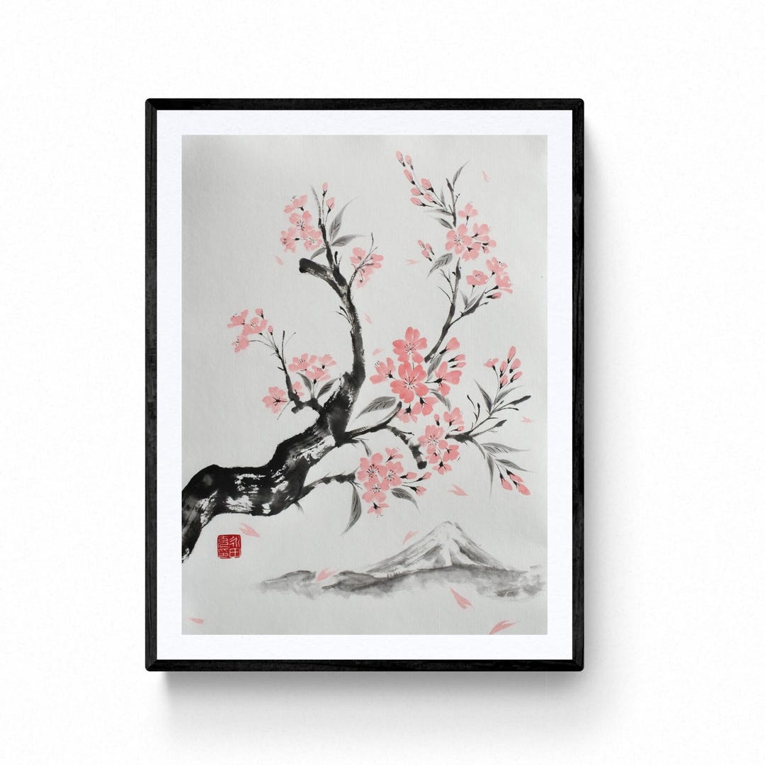 Sakura, Japanese Cherry Blossom Sumie, Original Painting, Kanji ...