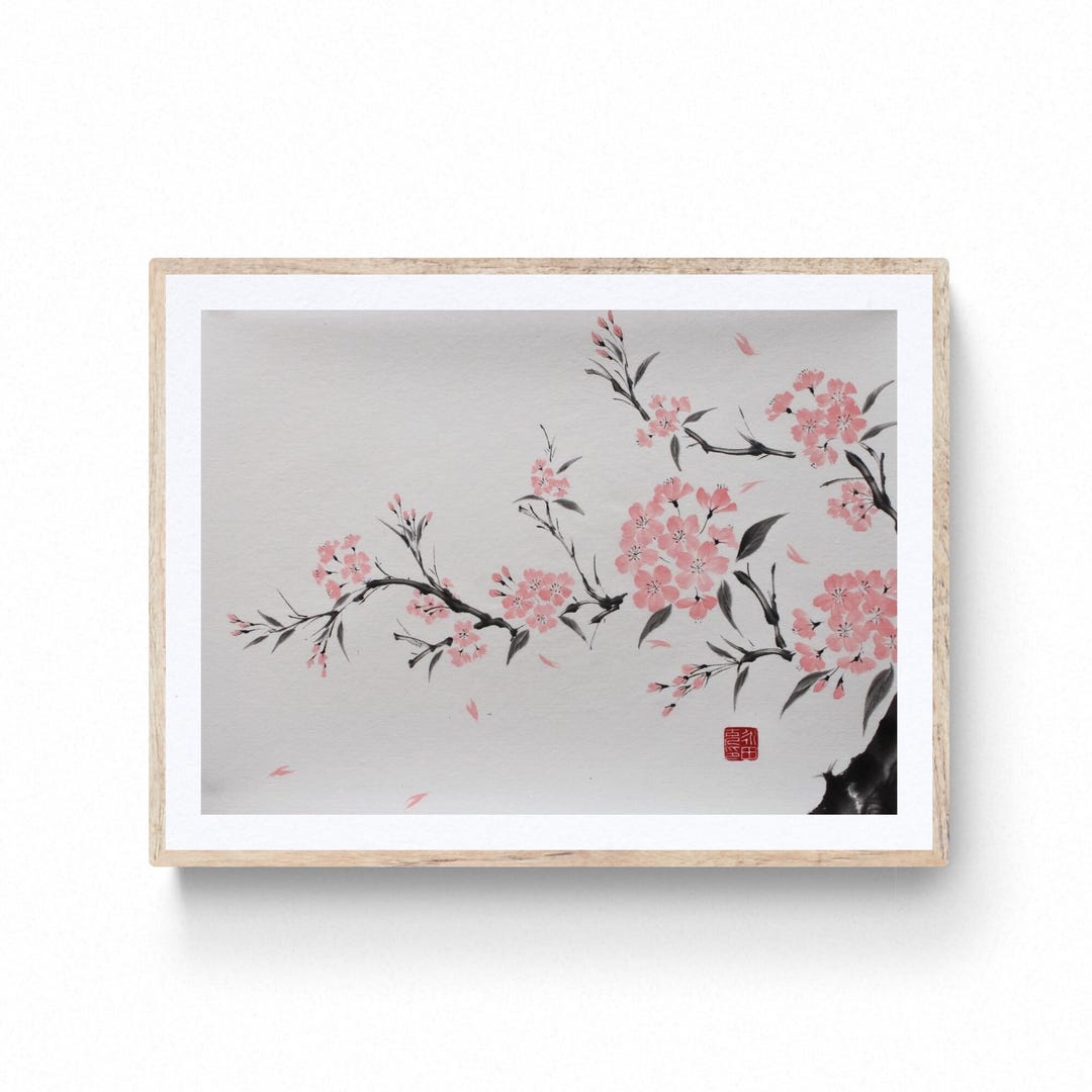 Sakura, Japanese Cherry Blossom Sumie, Original Painting, Kanji ...