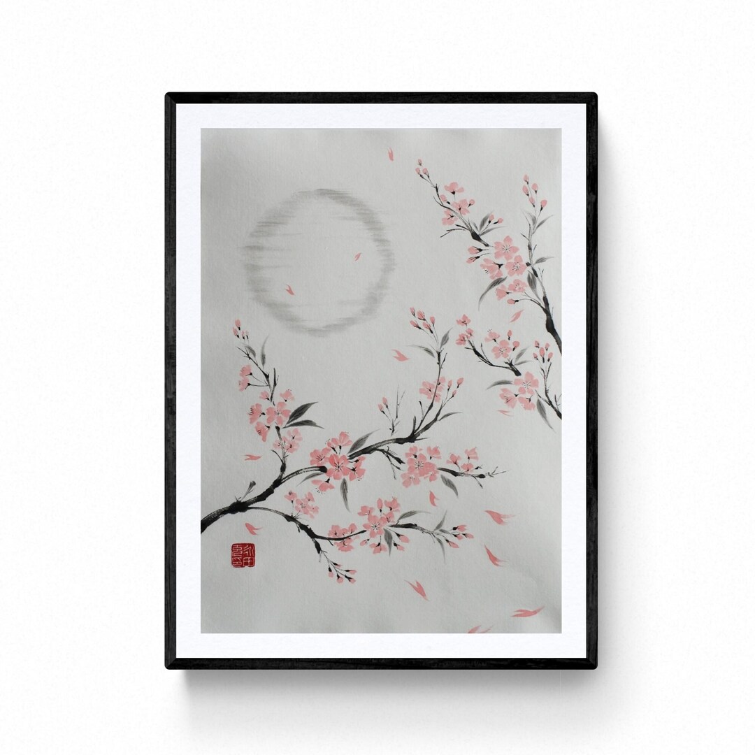 Sakura, Japanese Cherry Blossom Sumie, Original Painting, Kanji ...