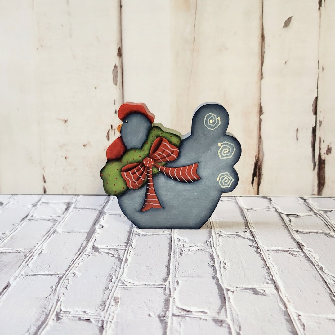 Little Blue Hen With Green Polka Dotted Scarf and Red Bow, Hand Painted ...