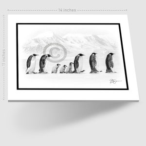 PENGUINS IN ANTARCTICA Original B&W Pencil Drawing Portrait Size 11.75 ...
