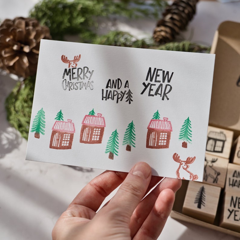 Christmas Rubber Stamp Set for DIY Holiday Greeting Cards, Merry ...