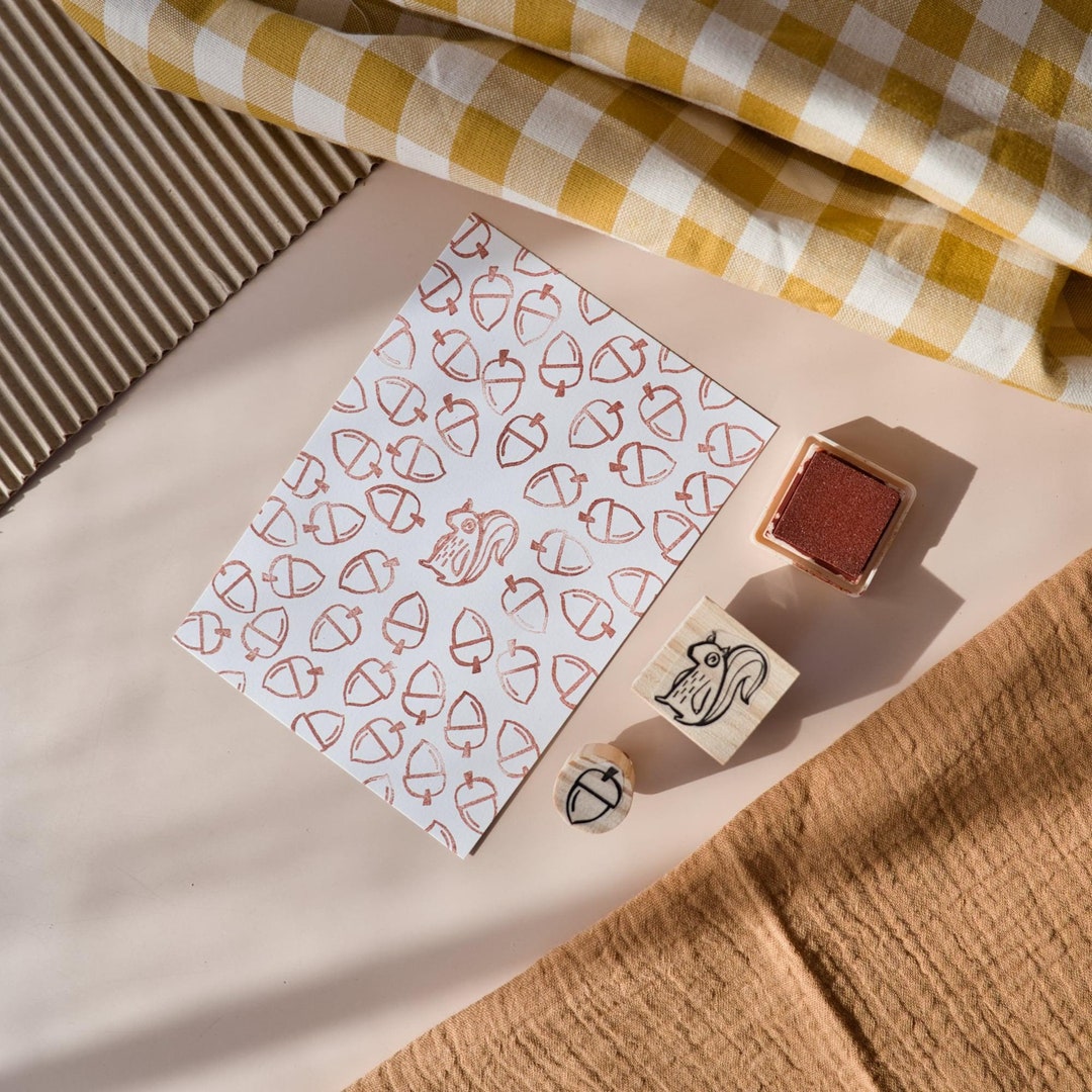 Squirrel and Acorn Rubber Stamp Set for Card Making, Hand-printed ...