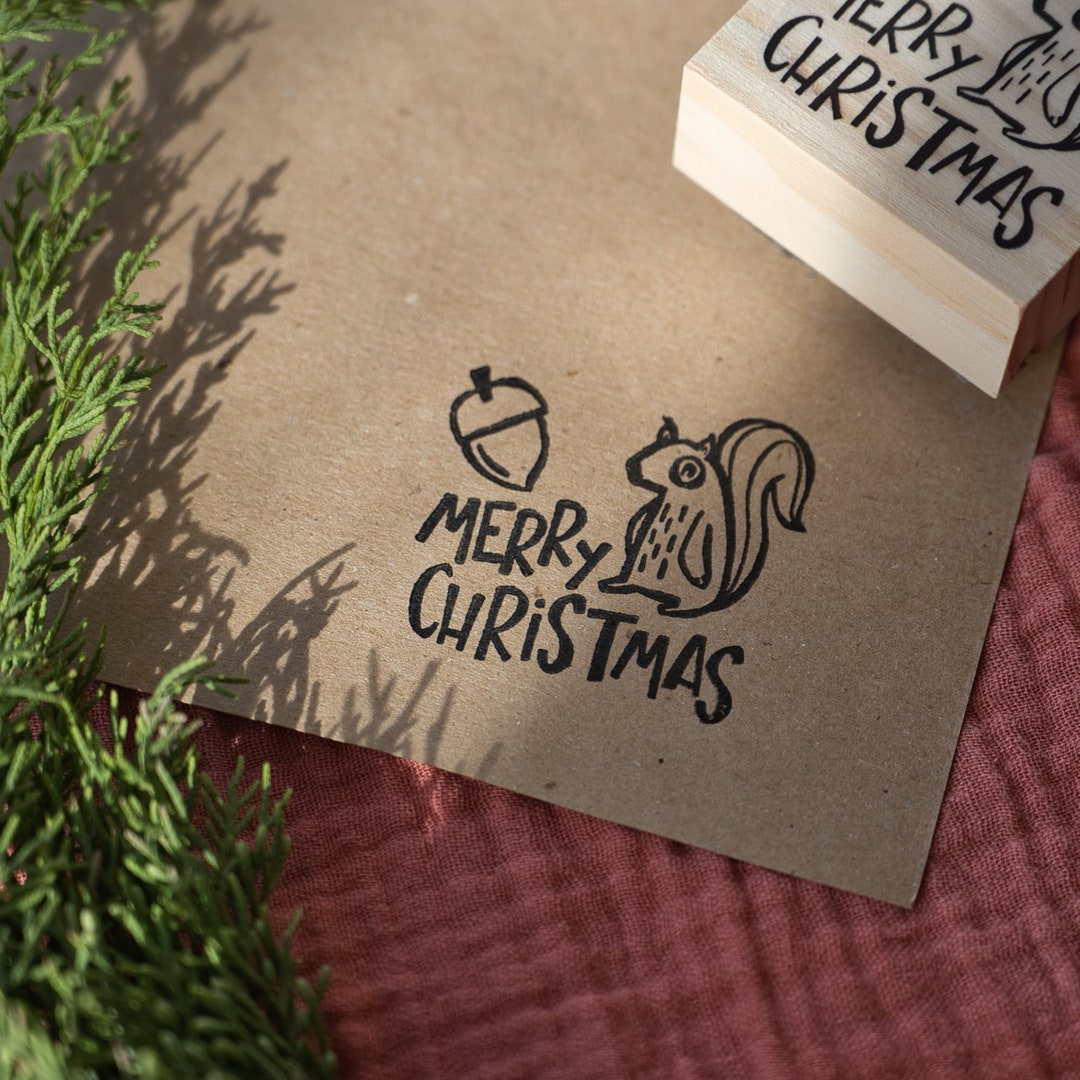 Cute Squirrel and Acorn Merry Christmas Rubber Stamp for Holiday DIY ...