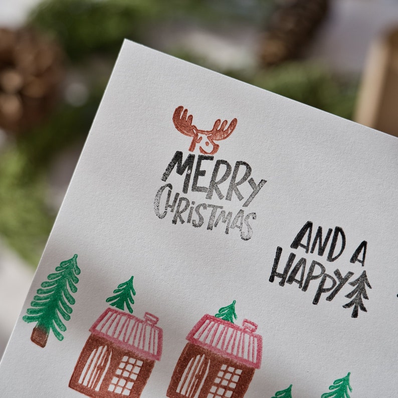 Merry Christmas or Happy Holidays Brush Script Rubber Stamp in ...