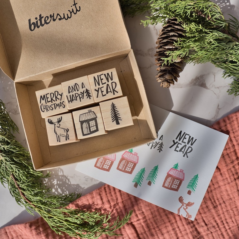 Christmas Rubber Stamp Set for DIY Holiday Greeting Cards, Merry ...