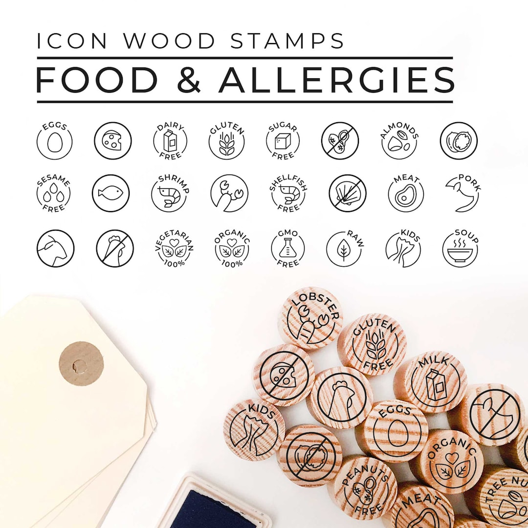 Food and Allergies Icon Wood Stamps for Packages, Food Labels, Wedding ...