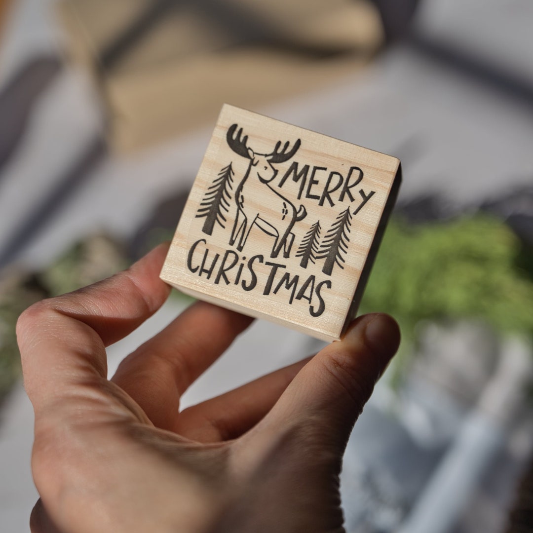 Modern Scandi Merry Christmas Rubber Stamp With Fir Tree and Moose, DIY ...