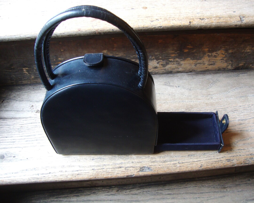 Vintage 1940's 1950's Dark Blue Gray Leather Box Purse With Hidden ...