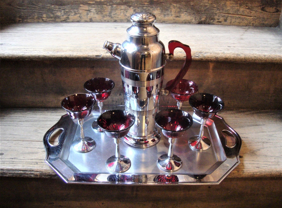 Fabulous Art Deco Cocktail Set/red Handle Shaker/6 Red Top Glasses/tray ...