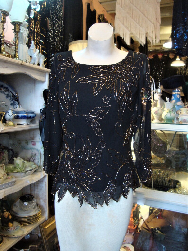 Vintage Beaded Knit Top: 1980s Black Party Top, Size Large - Etsy