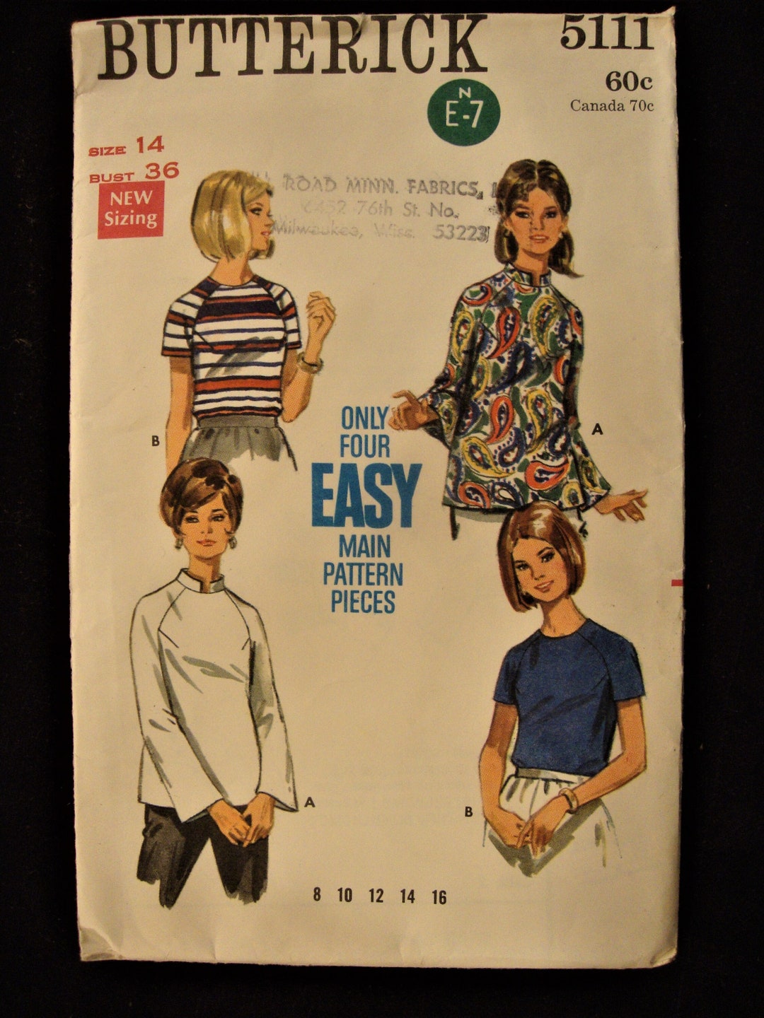Vintage 1970's Sewing Pattern/butterick 5111/tops With Raglan Sleeves ...