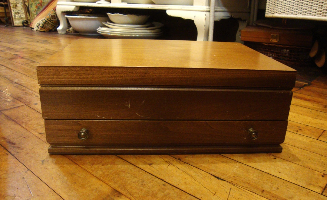 Vintage Medium Brown Wooden Silverware Flatware Box With Drawer ...