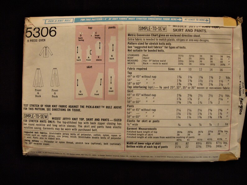 Vintage 1970's Simplicty 5306 Sewing Pattern/jiffy Knits/top, Pants and ...