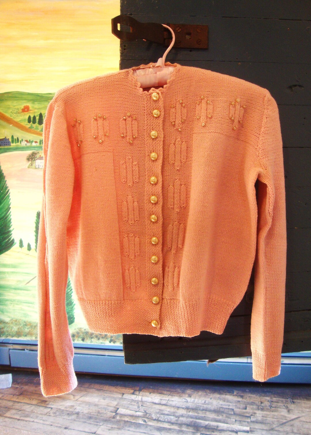 Vintage 1940's 1950's Hand Knit Pink Wool Sweater With Pearl Buttons ...