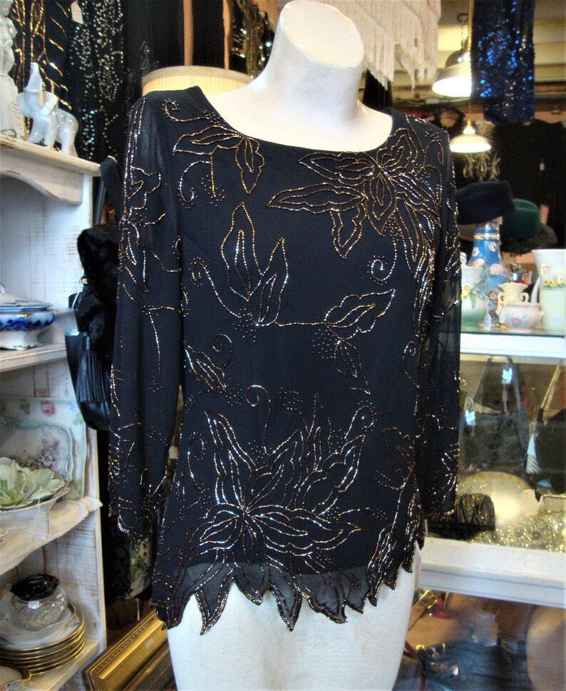 Vintage Beaded Knit Top: 1980s Black Party Top, Size Large - Etsy