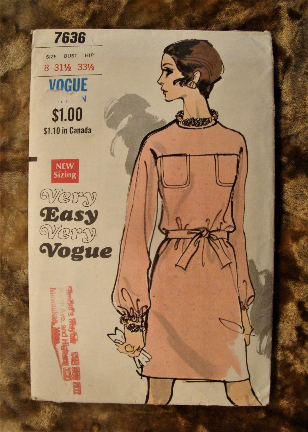 Vintage 1970's Vogue Sewing Pattern 7636 for Dress With Long Sleeves ...