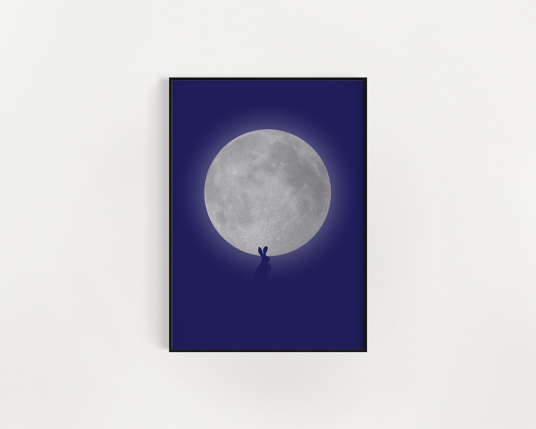 Moon Rabbit Wall Art Print Blue Indigo Color Semi Abstract Surreal Art ...