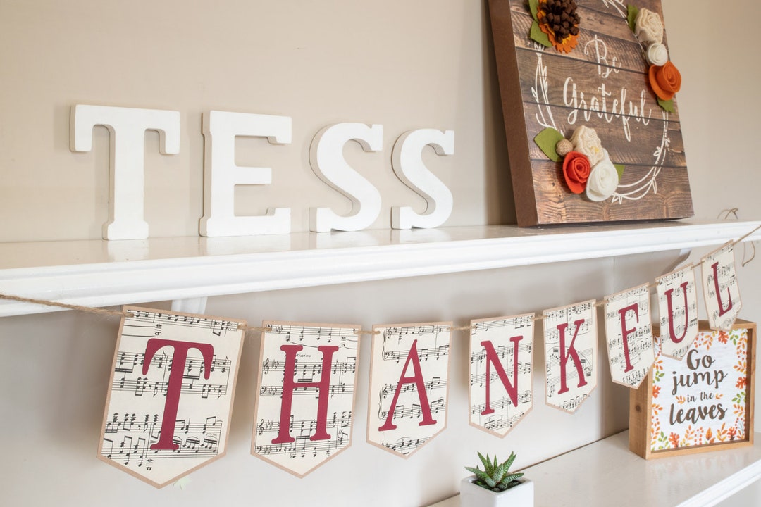 Thankful Banner, Thanksgiving Banner, Sheet Music Decor, Autumn Home ...