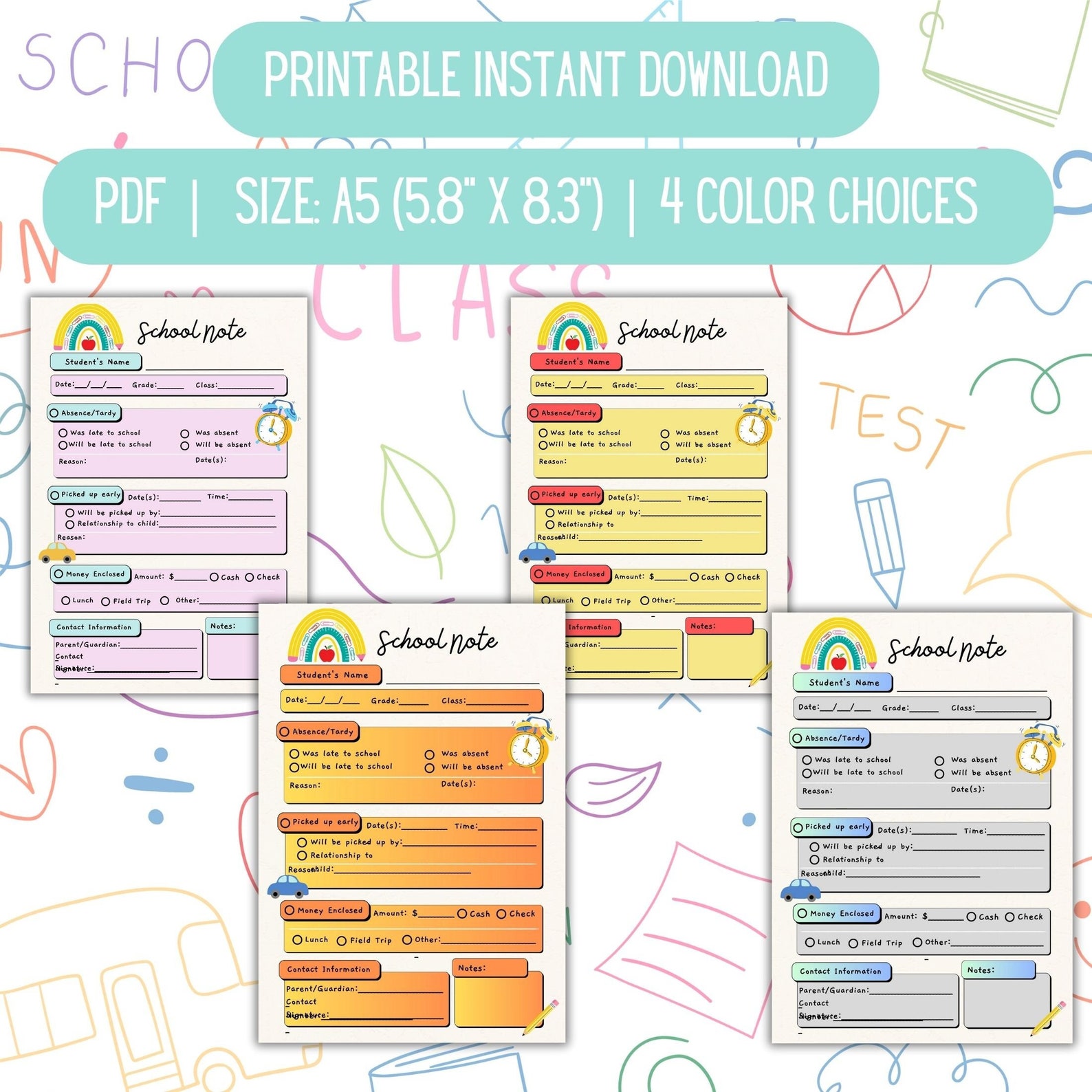 School Note Printable, Back to School Note, Printable Parent Note for ...