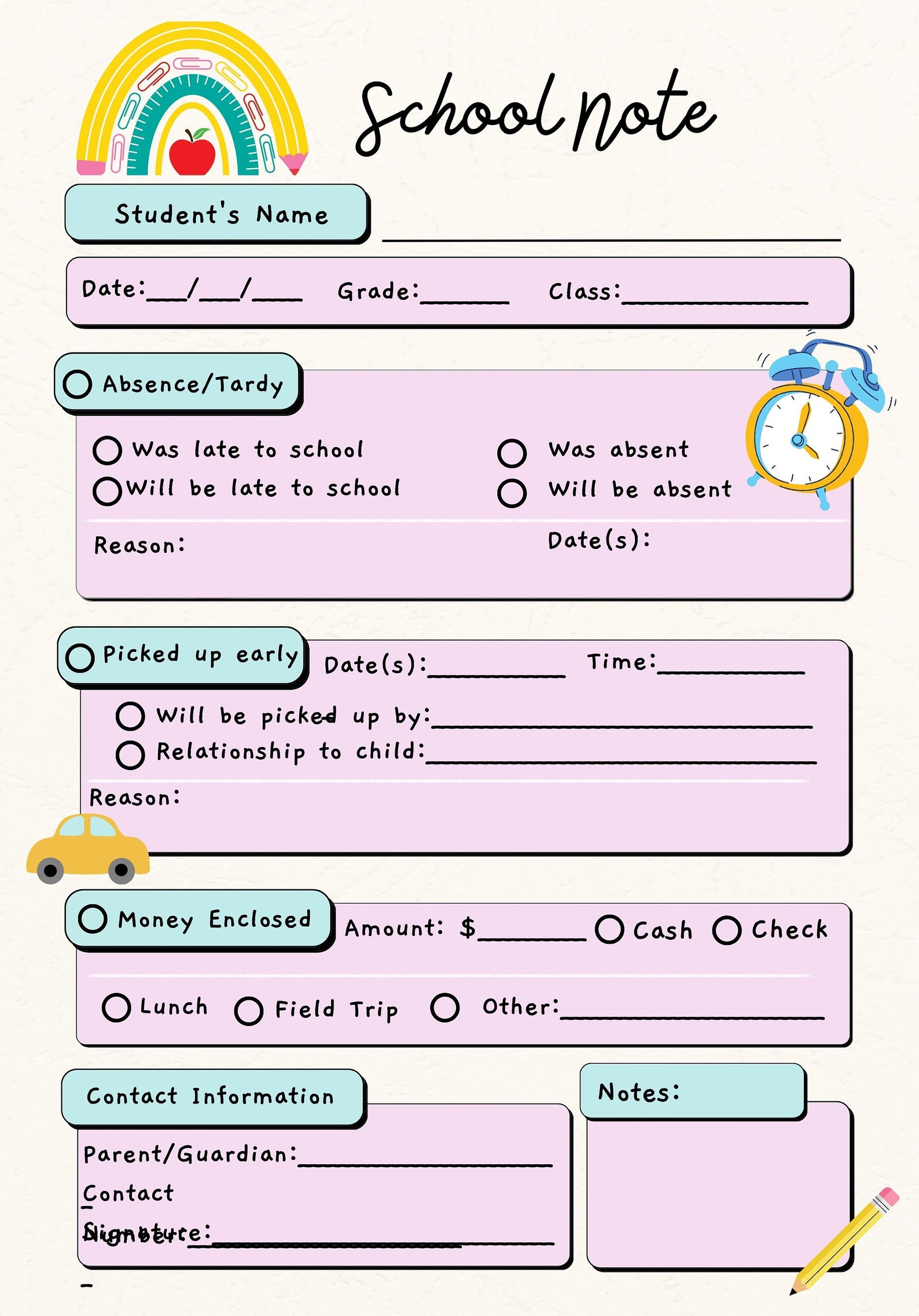 School Note Printable, Back to School Note, Printable Parent Note for ...