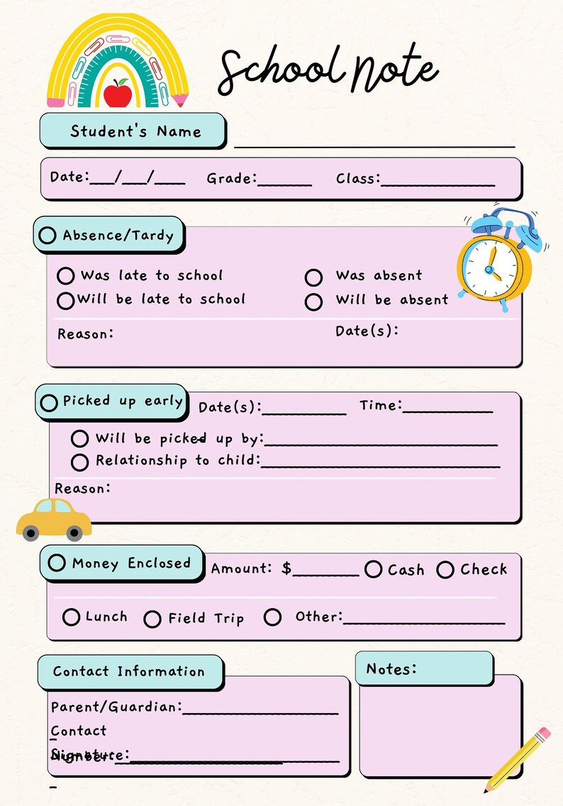 School Note Printable, Back to School Note, Printable Parent Note for ...