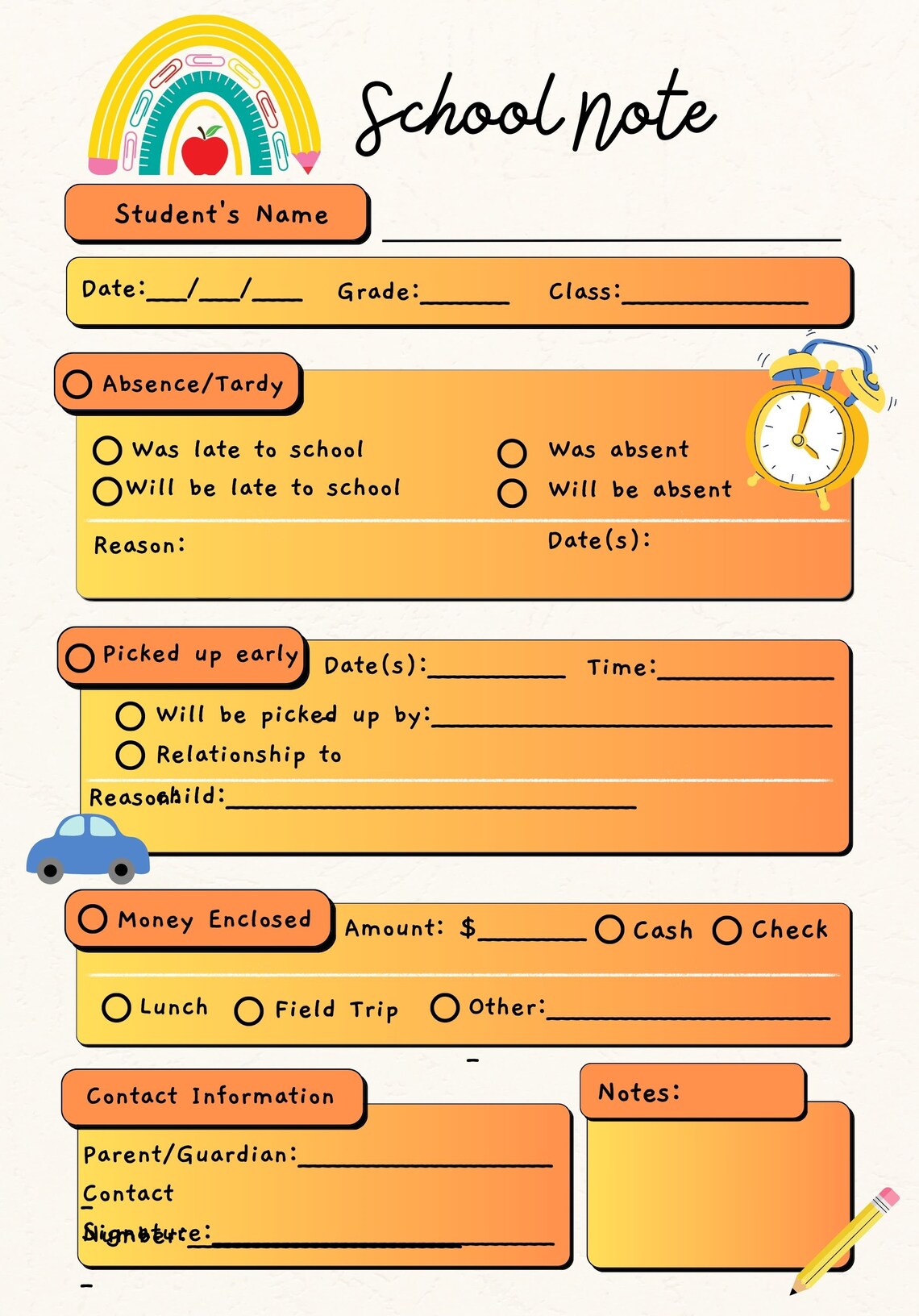 School Note Printable, Back to School Note, Printable Parent Note for ...