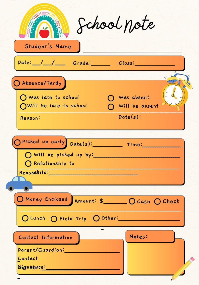 School Note Printable, Back to School Note, Printable Parent Note for ...