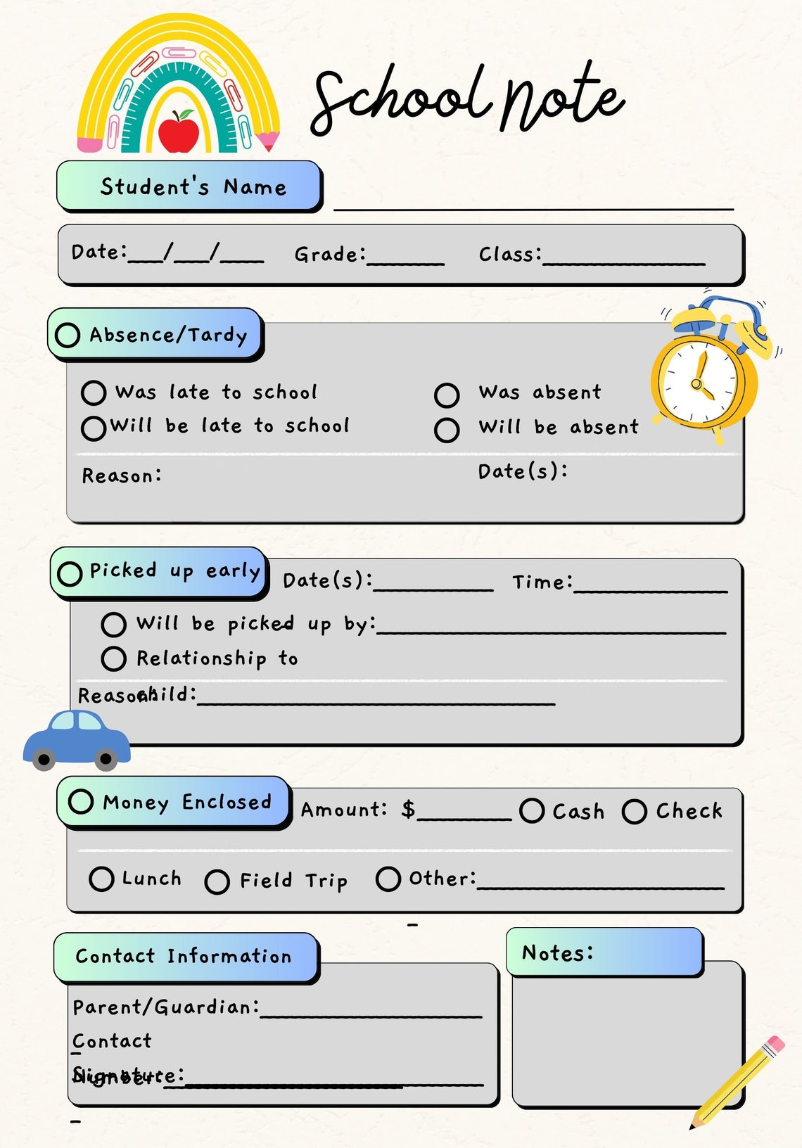 School Note Printable, Back to School Note, Printable Parent Note for ...