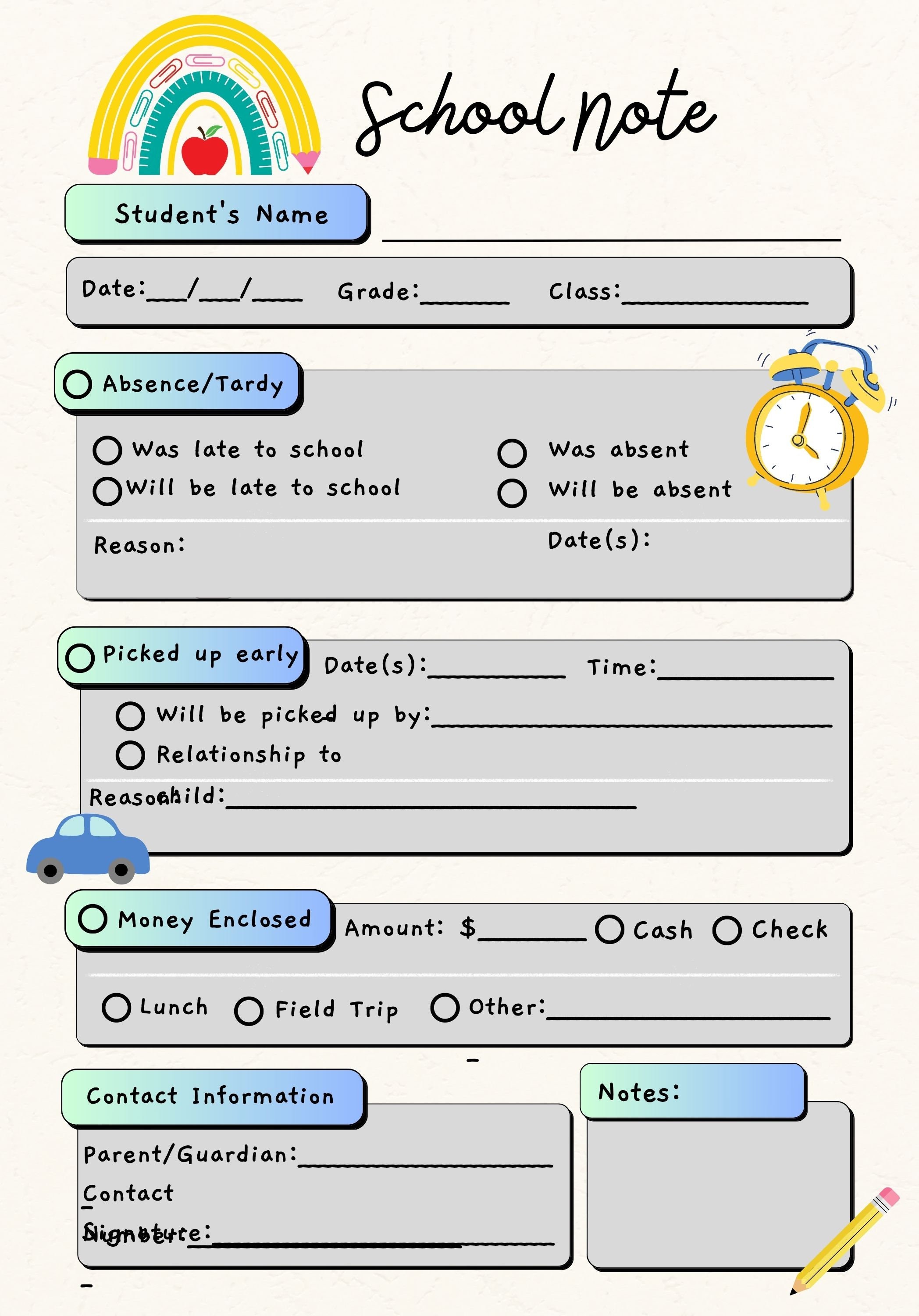 School Note Printable, Back to School Note, Printable Parent Note for ...