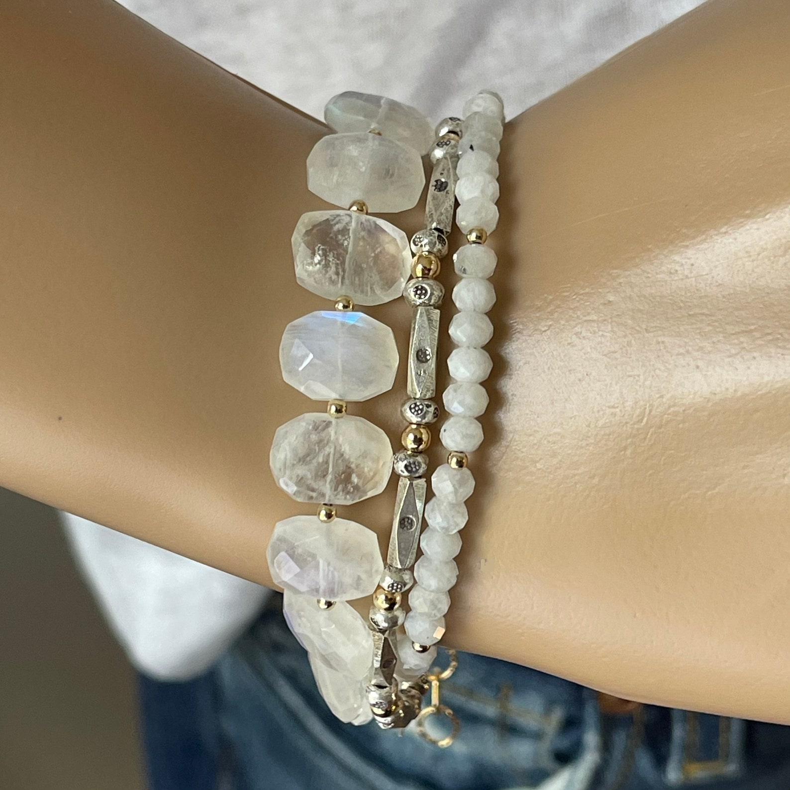 Cirrus - AAA Hand Cut Moonstone and Hill Tribe Silver 3 Strand Bracelet ...